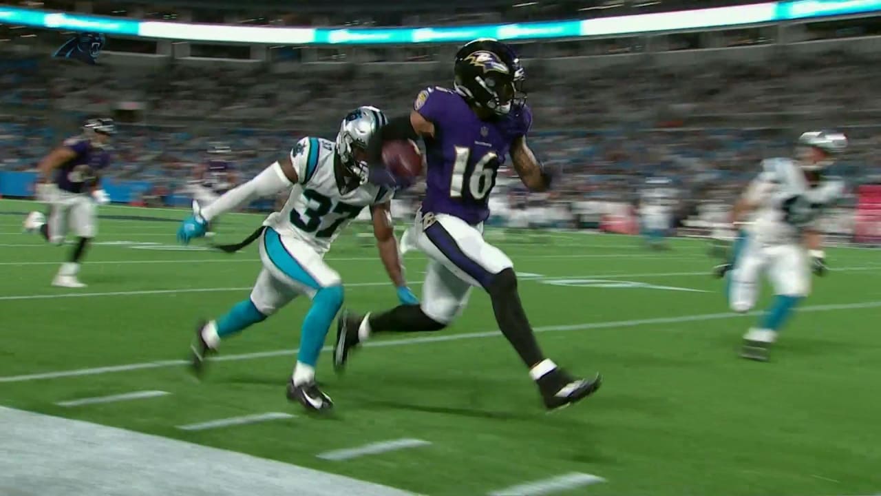 Baltimore Ravens wide receiver Tylan Wallace tightropes the sideline ...