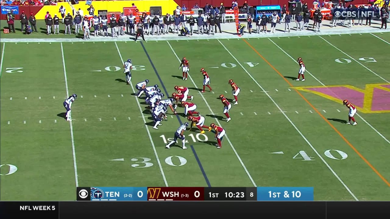 Washington Commanders defensive end Montez Sweat stares down Titans RB ...