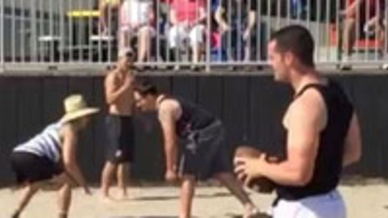 Derek Carr is on target in beach football cameo