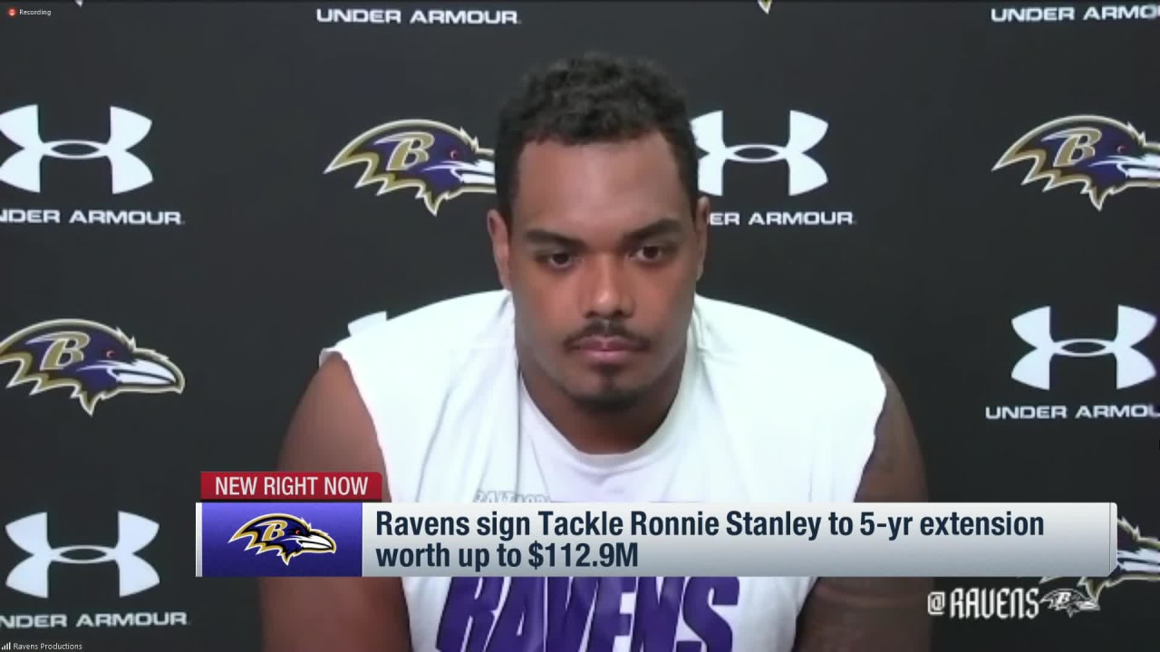 Baltimore Ravens tackle Ronnie Stanley reacts to massive contract extension