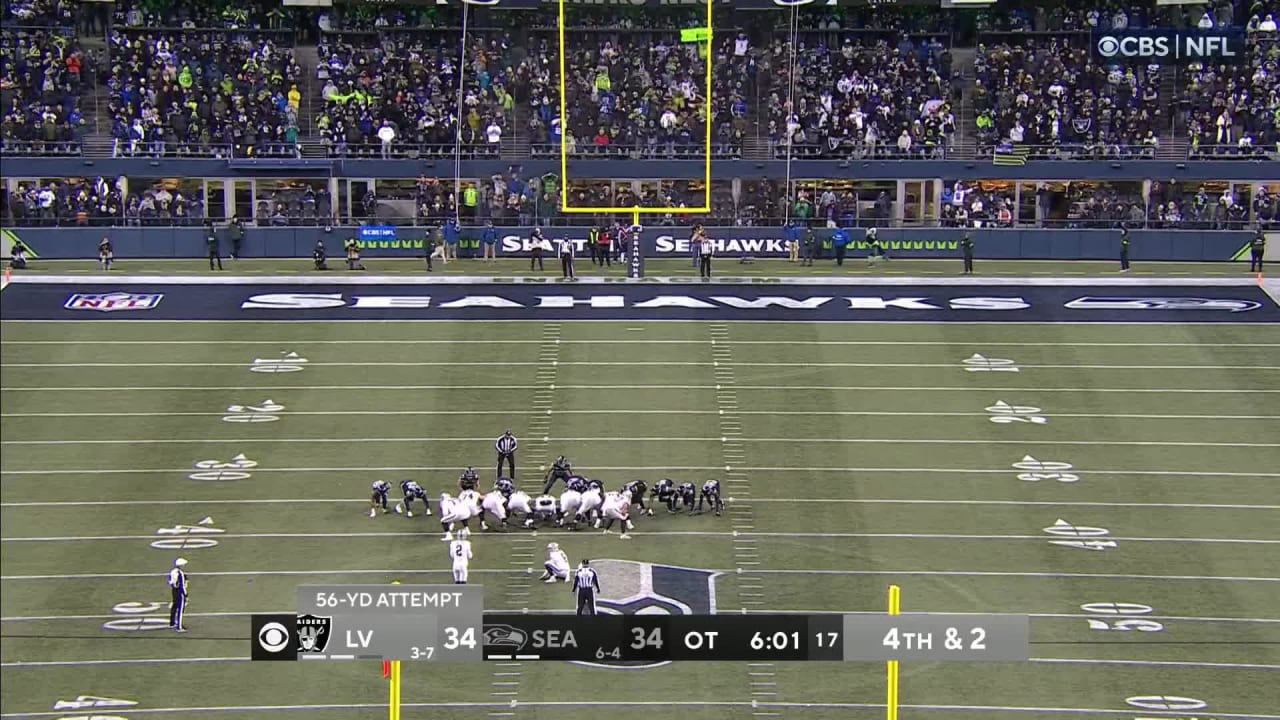 Las Vegas Raiders kicker Daniel Carlson's 56-yard FG try in overtime ...