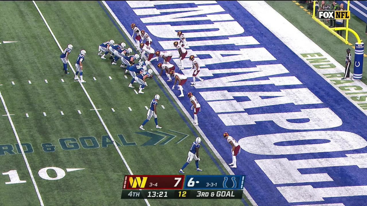 Washington Commanders linebacker Jamin Davis engulfs Indianapolis Colts running back Jonathan ...