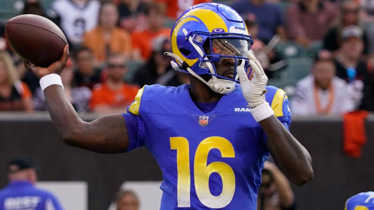 Los Angeles Rams quarterback Bryce Perkins drops a 32-yard sideline ...