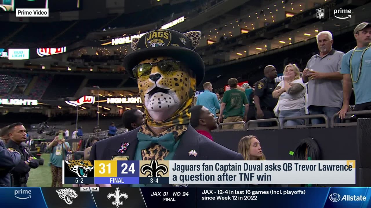 Captain Duval ask Jacksonville Jaguars quarterback Trevor Lawrence a question following 'TNF' win