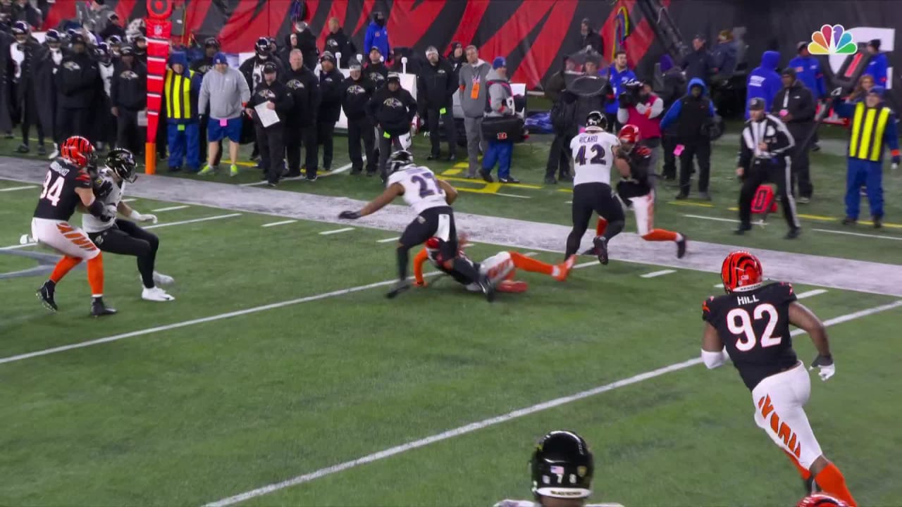 Baltimore Ravens running back J.K. Dobbins finds a sideline escape ...