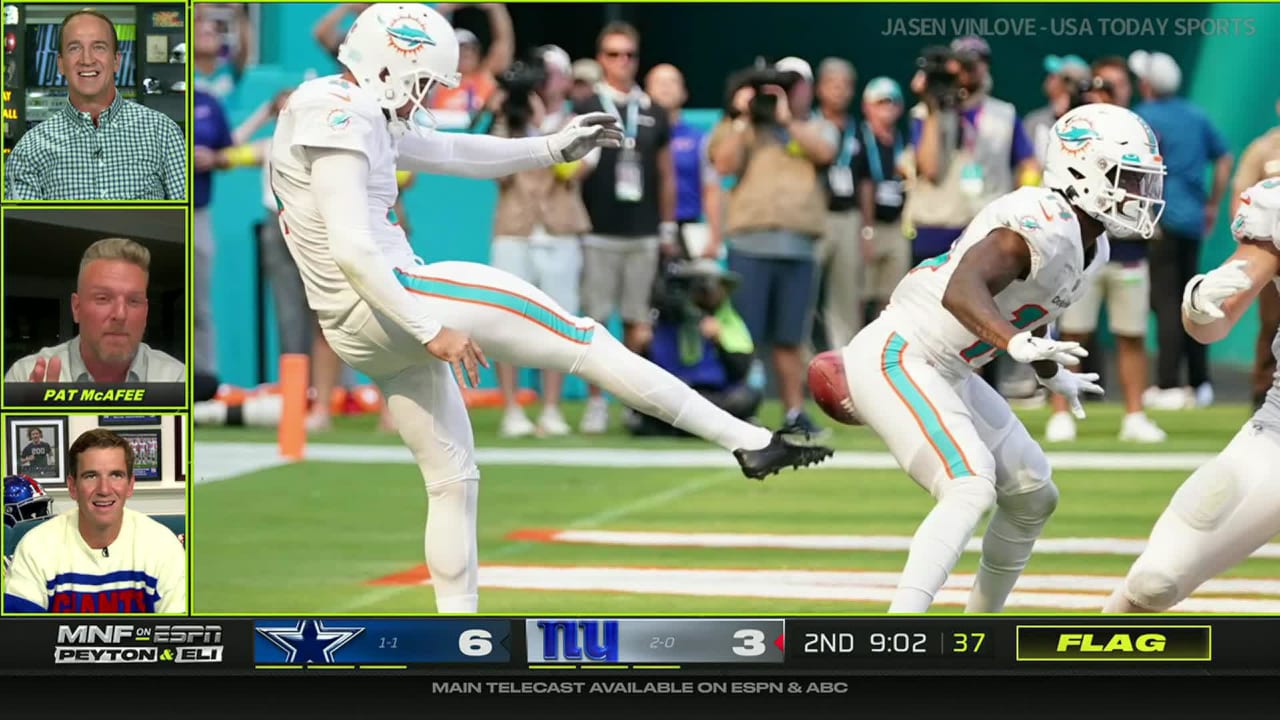 Former punter Pat McAfee reacts to Dolphins punt from Week 3 during ...