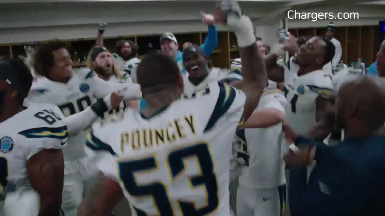 Los Angeles Chargers players get hyped in the locker room after Week 13 win