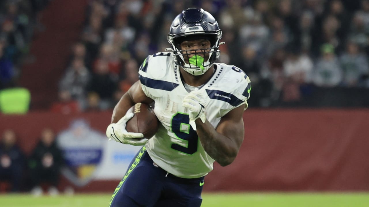 Seattle Seahawks running back Kenneth Walker III zooms upfield on 23-yard catch and run