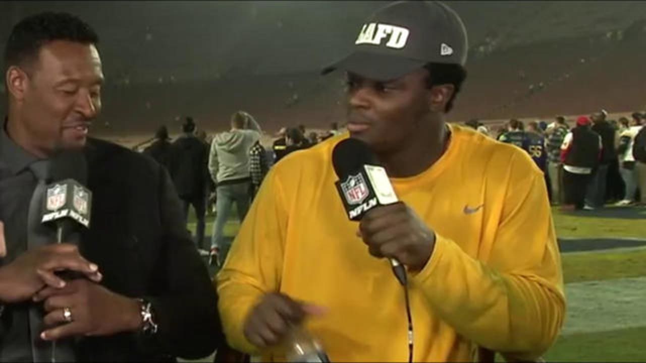 Los Angeles Rams linebacker Samson Ebukam reacts to his two-touchdown ...