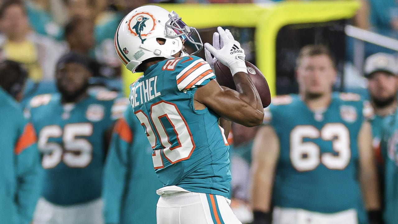 Miami Dolphins cornerback Justin Bethel snags an interception on ...