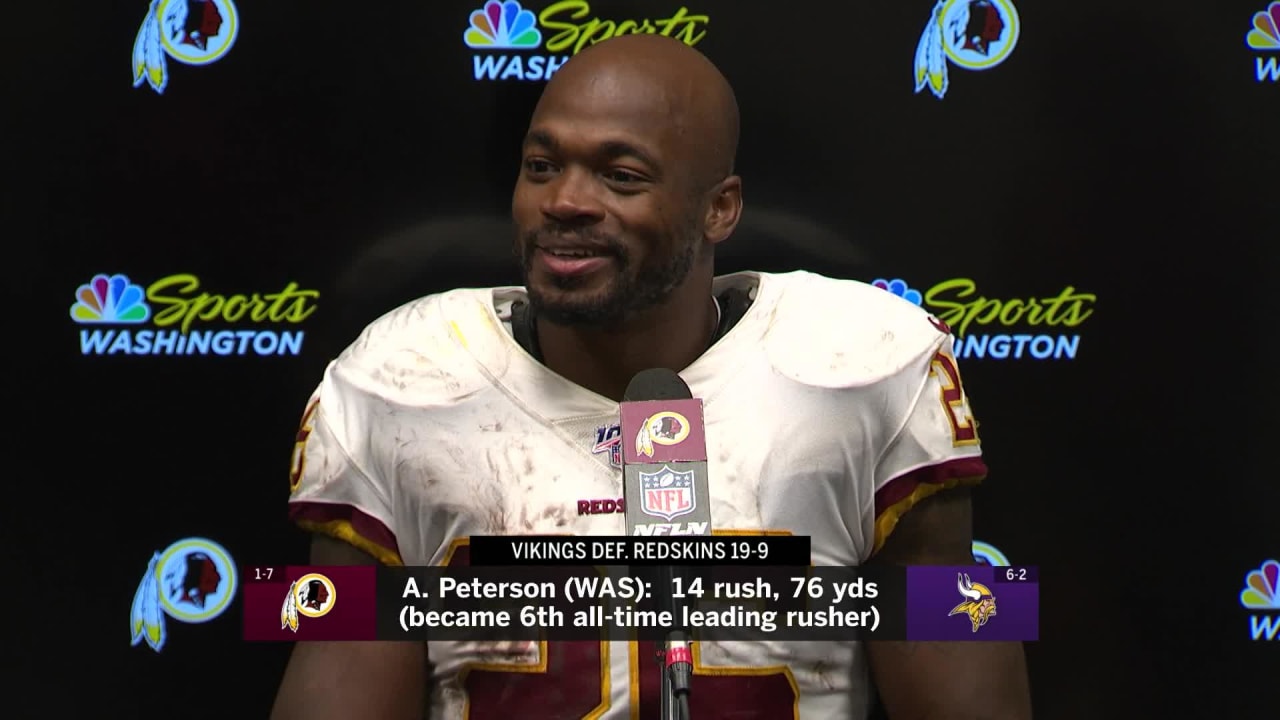 Washington Redskins running back Adrian Peterson reacts to moving into ...