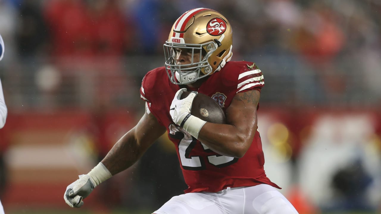 San Francisco 49ers rookie running back Elijah Mitchell hits the hole ...