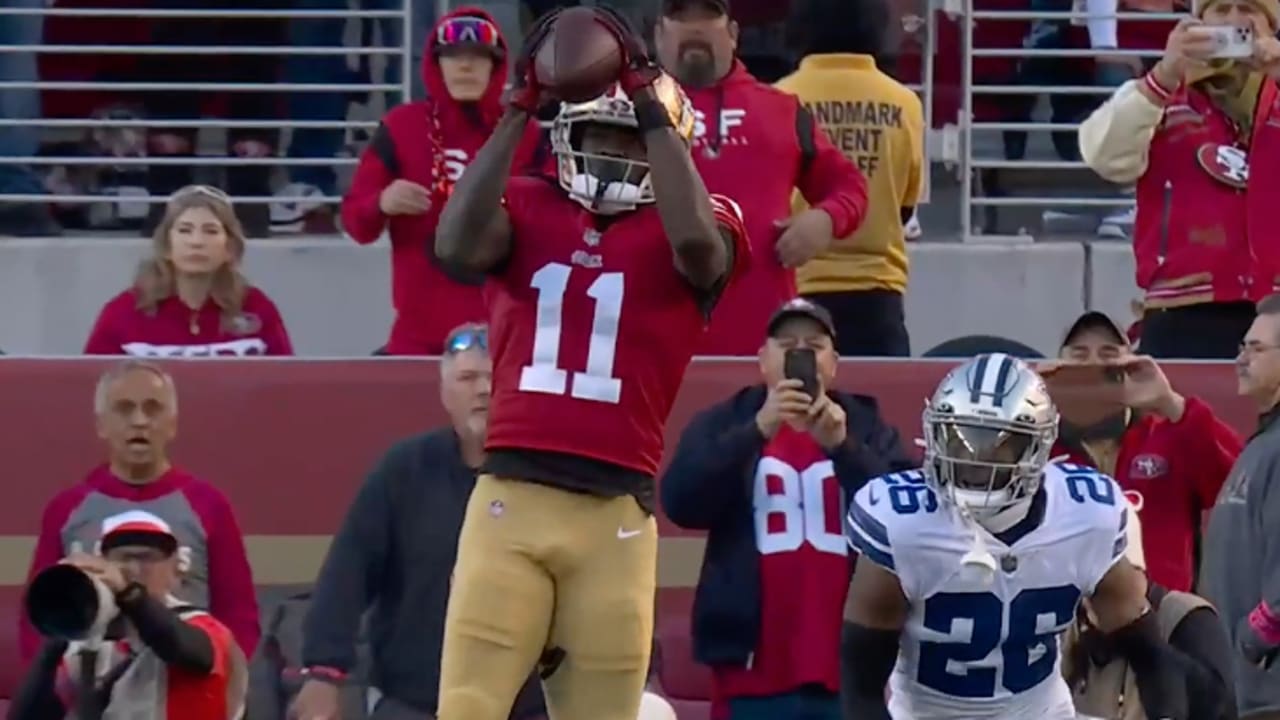 San Francisco 49ers wide receiver Brandon Aiyuk looks like a route ...