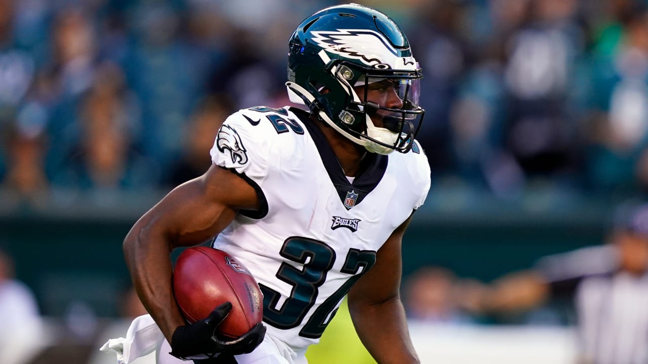 Philadelphia Eagles running back Jason Huntley runs through opening ...