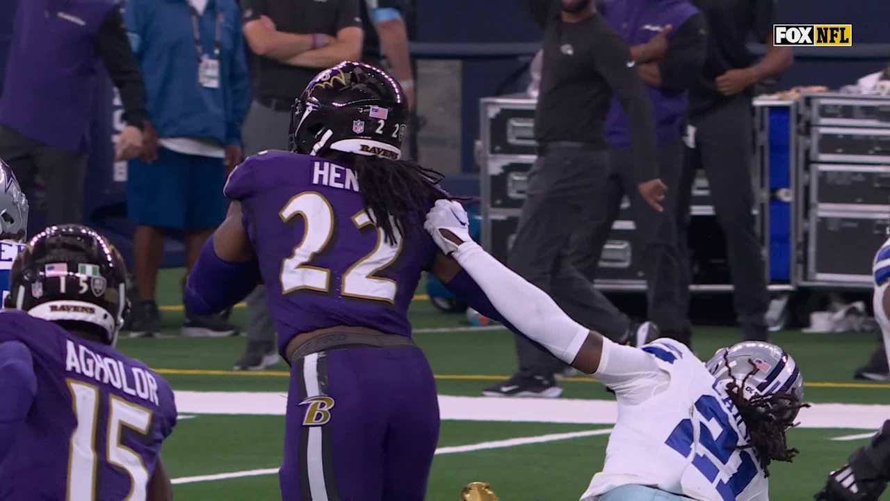 Baltimore Ravens running back Derrick Henry's stiff-arm strength on ...