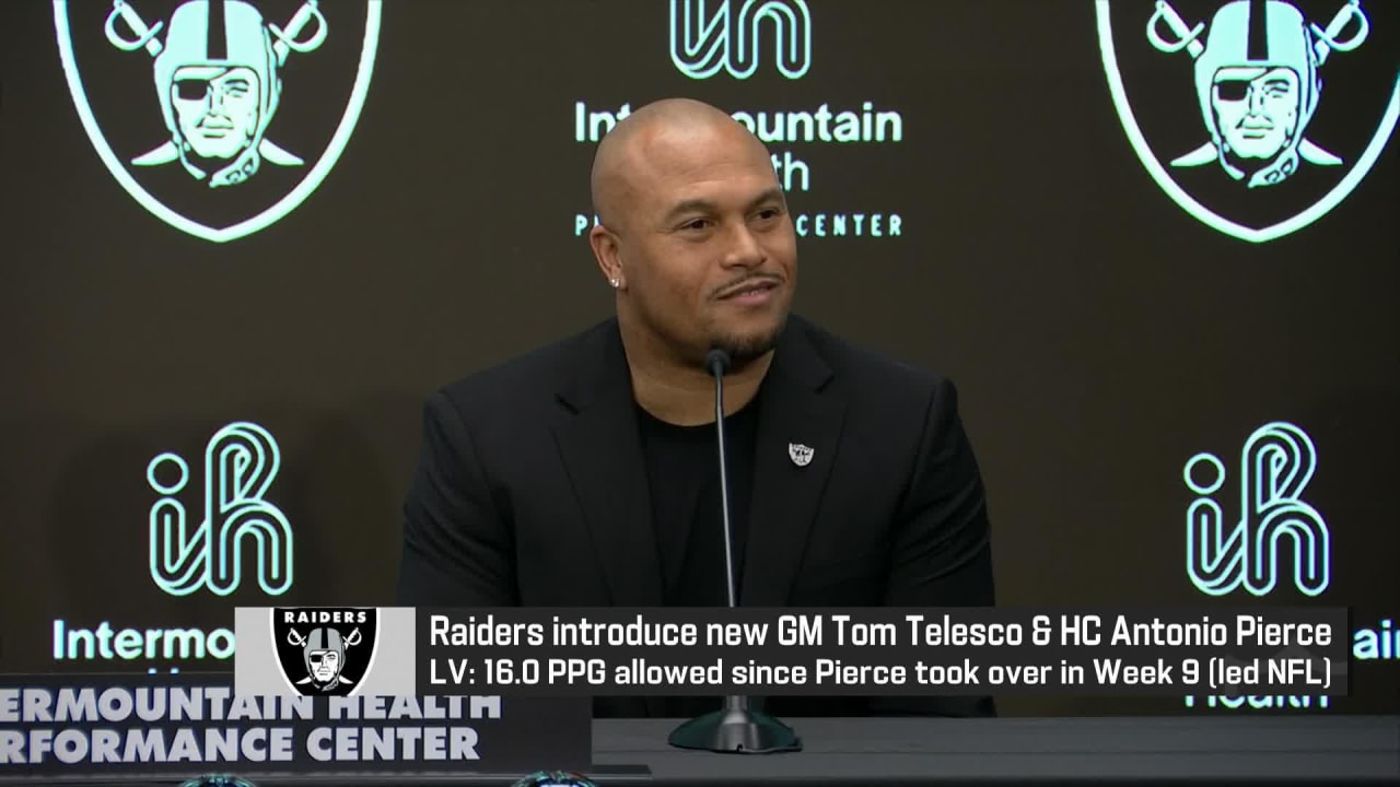Head coach Antonio Pierce introduces Tom Telesco as Las Vegas Raiders ...