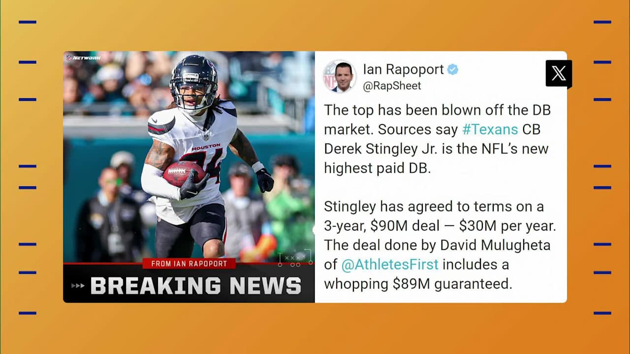 NFL Network Insider Ian Rapoport: Houston Texans cornerback Derek Stingley Jr. agrees to three ...