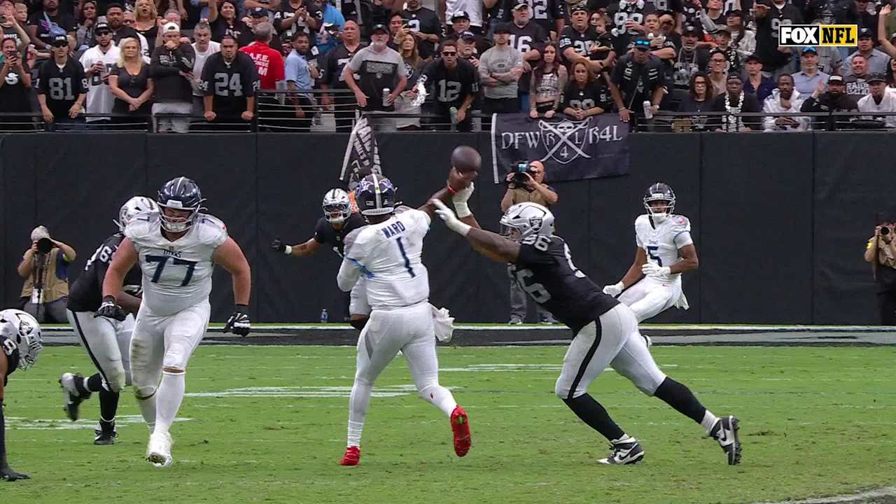 Las Vegas Raiders linebacker Devin White snags interception vs. Tennessee Titans quarterback Cam ...