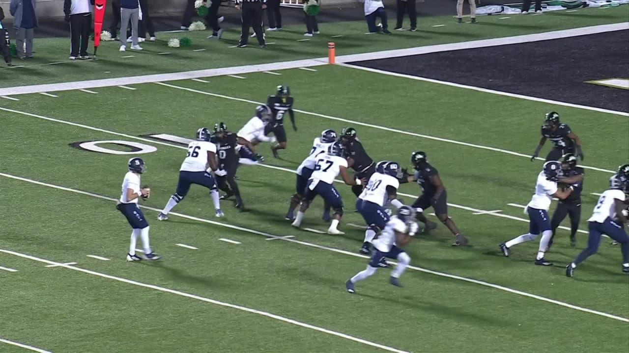 Marshall Thundering Herd defensive end Sam Burton explodes off the edge ...