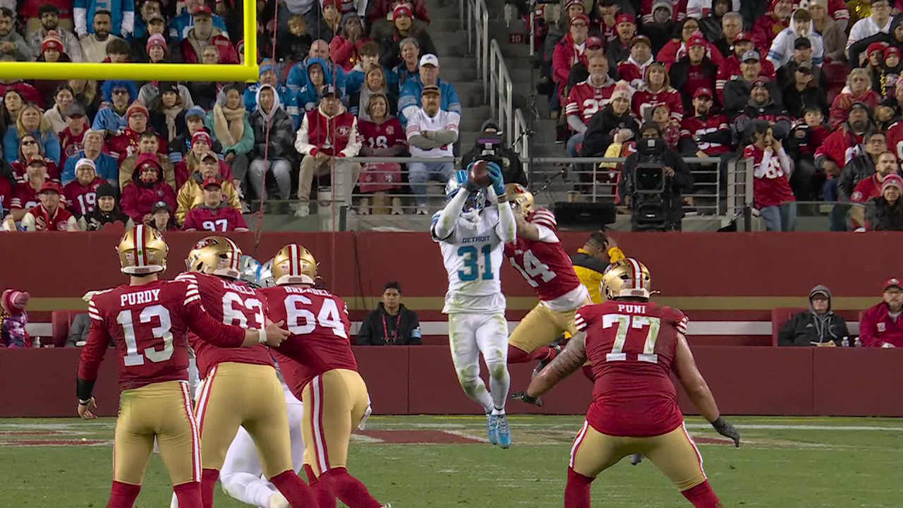 Detroit Lions safety Kerby Joseph jumps San Francisco 49ers quarterback ...