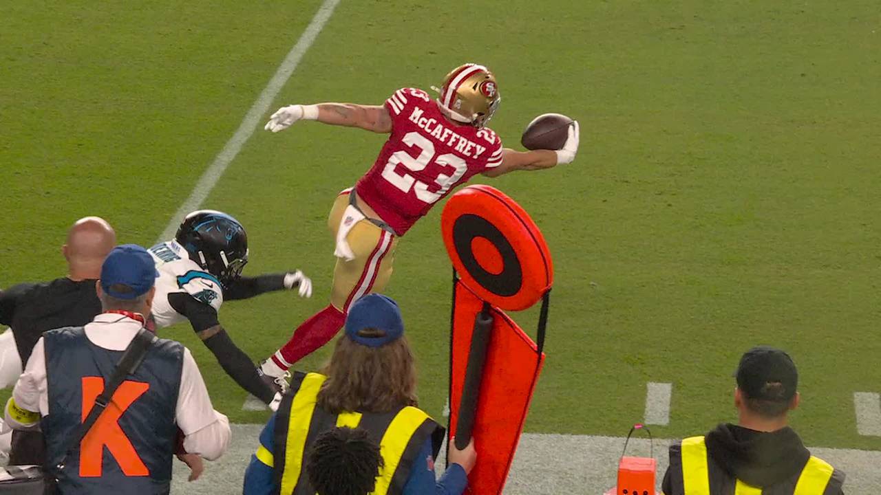 San Francisco 49ers running back Christian McCaffrey REACHES for first ...