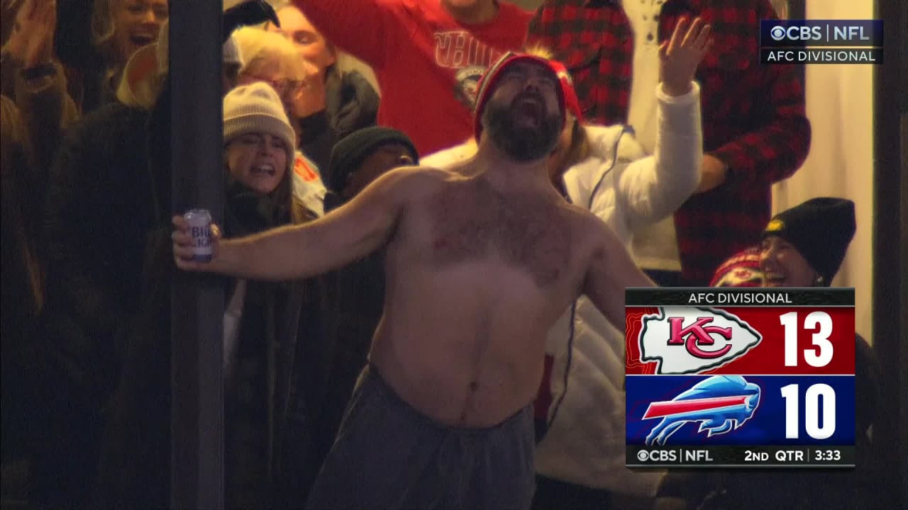Jason Kelce is bare-chested in Buffalo as he celebrates Kansas City ...