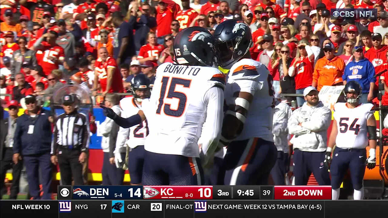 Denver Broncos linebacker Nik Bonitto gets a blind-side sack on Kansas ...