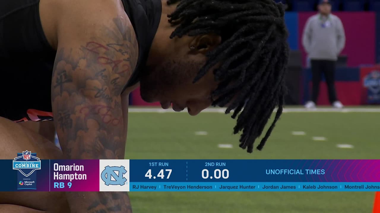 Running back Omarion Hampton runs official 4.46-second 40-yard dash at ...