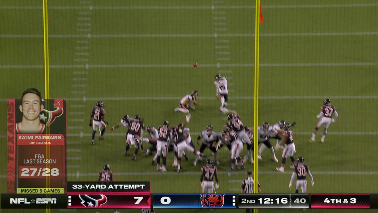 Houston Texans kicker Ka'imi Fairbairn sneaks 33-yard FG inside upright ...