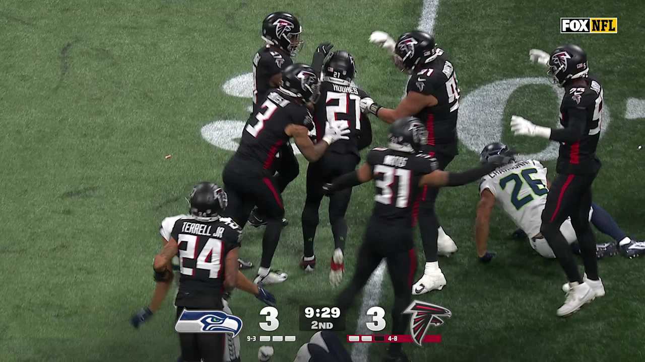 Atlanta Falcons cornerback Mike Hughes catches deflected pass for an ...