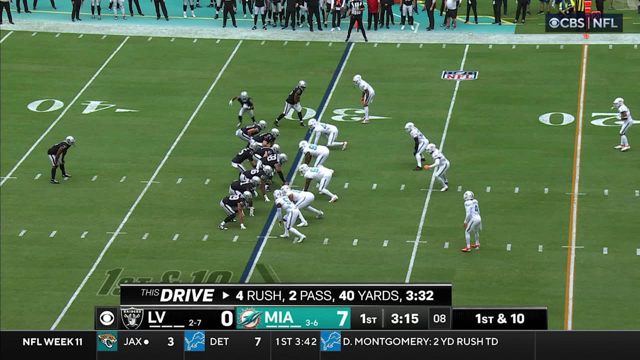 Las Vegas Raiders tight end Michael Mayer hits the hurdle button after ...