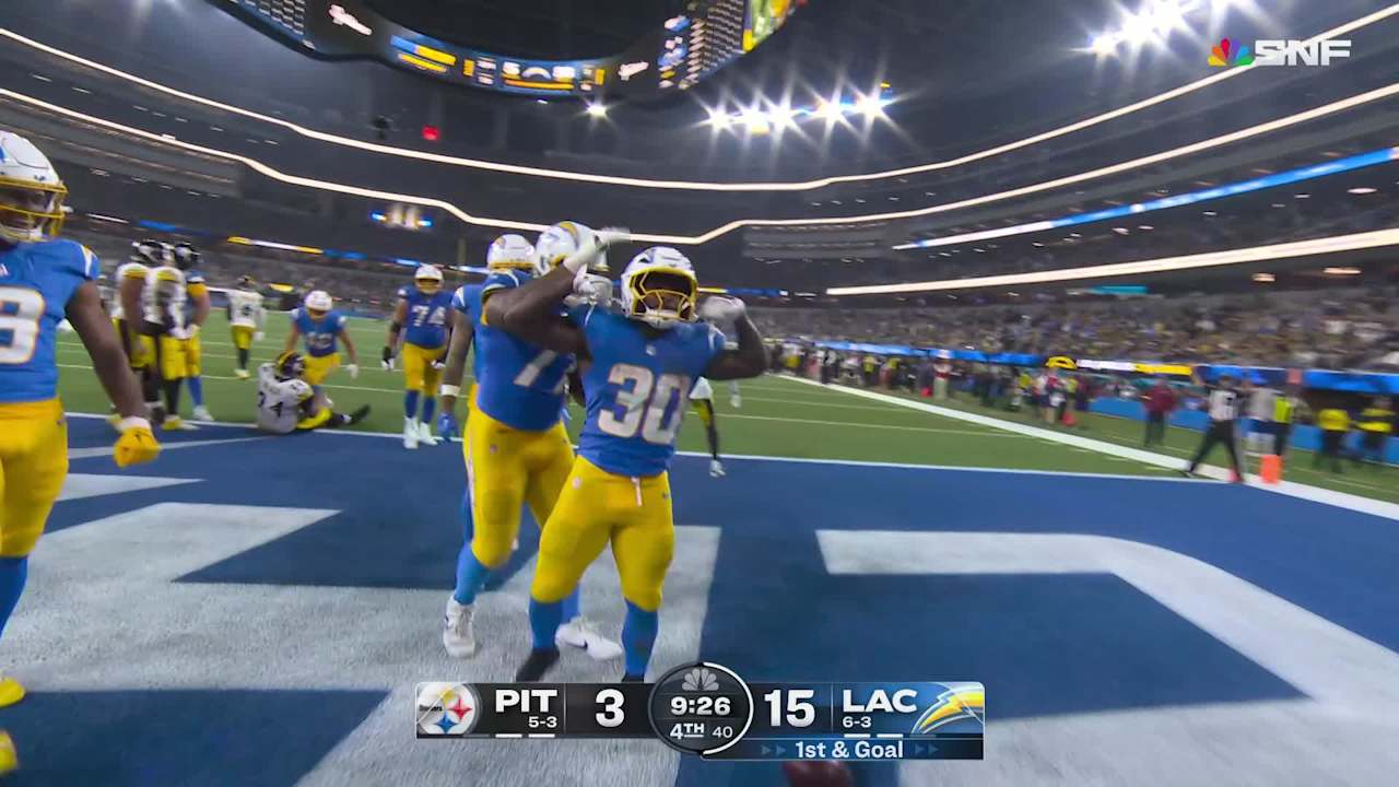Los Angeles Chargers running back Kimani Vidal finds the end zone for ...