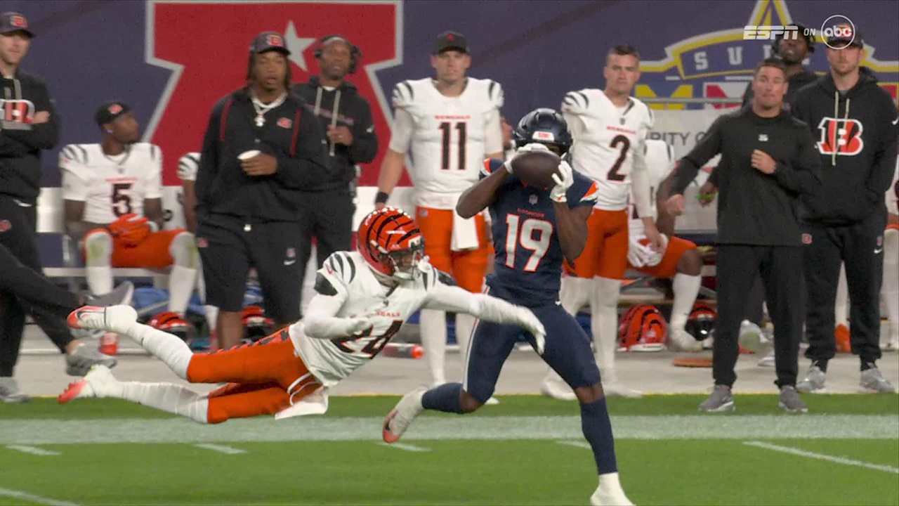 Denver Broncos quarterback Bo Nix's 28-yard sideline strike to wide receiver Marvin Mims Jr. has ...