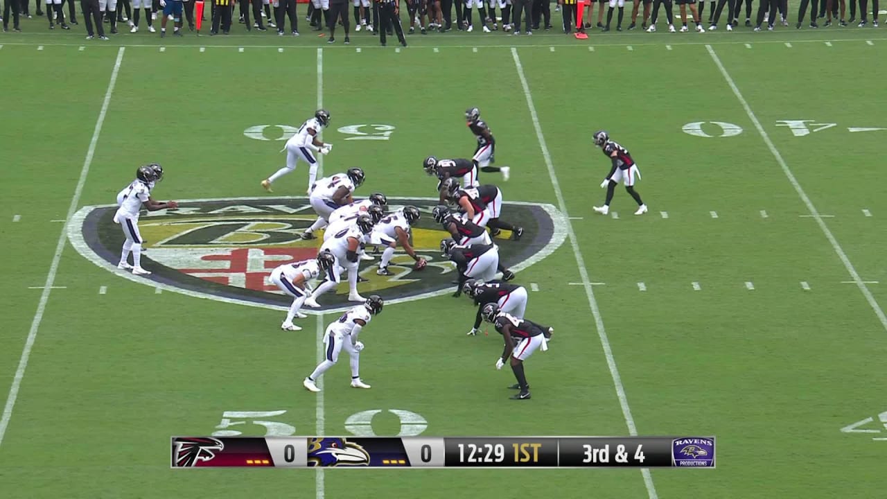 Atlanta Falcons defensive tackle Ruke Orhorhoro plows past Ravens O ...