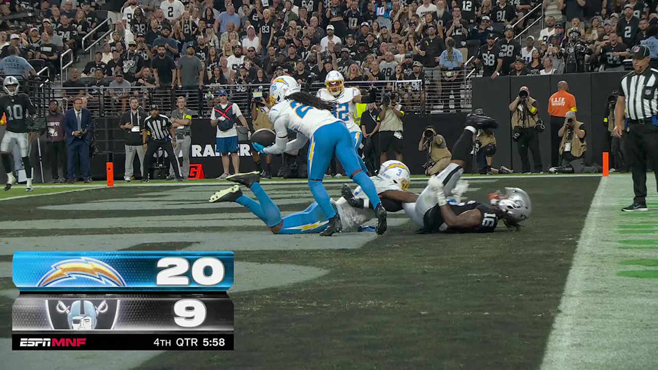 Las Vegas Raiders quarterback Geno Smith's third interception of night ...