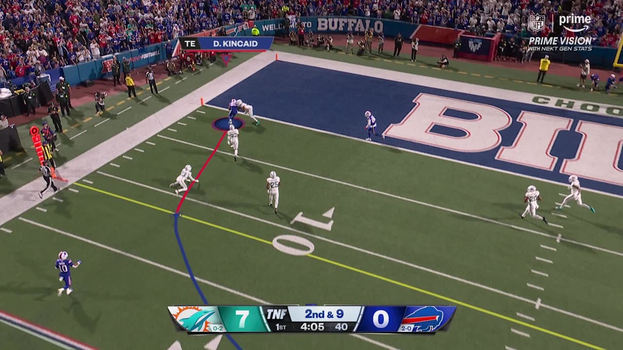 Buffalo Bills quarterback Josh Allen-tight end Dalton Kincaid connection ends in an endzone ...