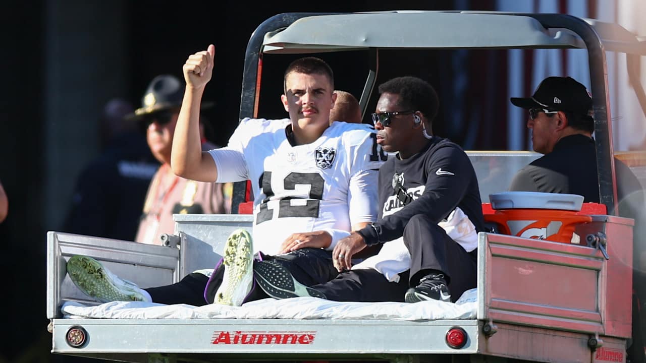 Raiders QB Aidan O'Connell carted off field in loss to Buccaneers after ...