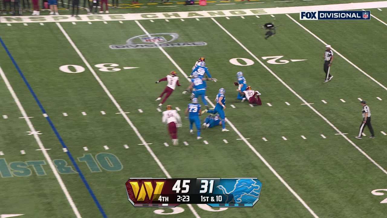 Washington Commanders defensive end Dorance Armstrong rips Detroit Lions quarterback Jared Goff ...