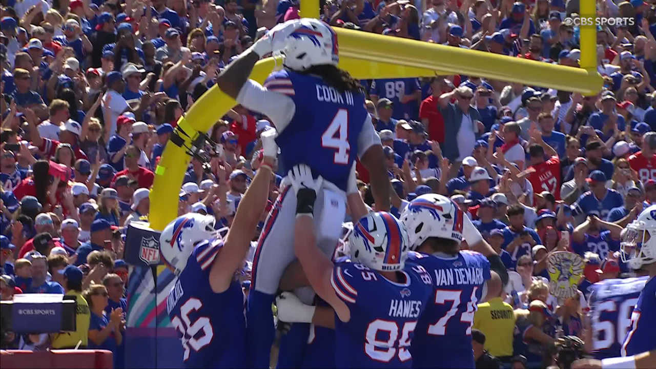 Buffalo Bills running back James Cook scores a rush touchdown in eighth ...