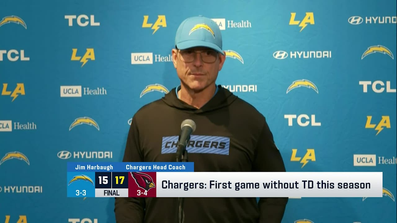 Los Angeles Chargers head coach Jim Harbaugh talks to press following ...