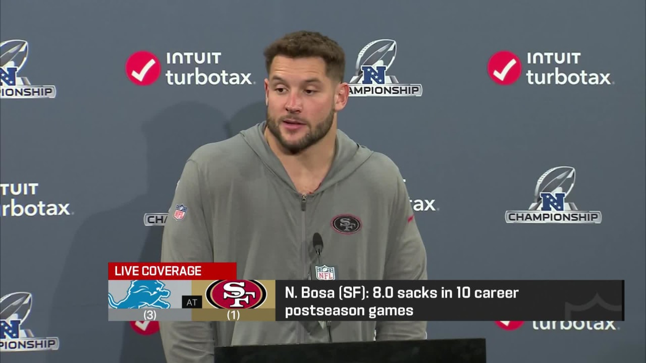 San Francisco 49ers defensive end Nick Bosa addresses media at ...
