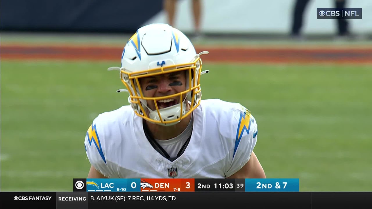 Los Angeles Chargers quarterback Easton Stick lasers wide receiver Alex ...