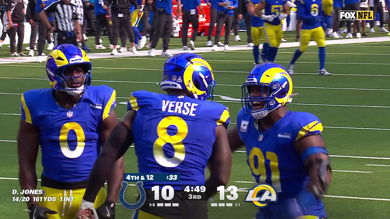 Los Angeles Rams outside linebacker Jared Verse applies pressure on ...