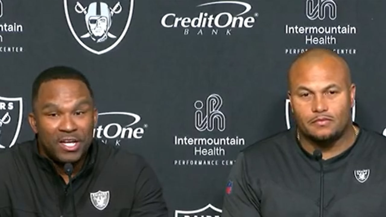 Antonio Pierce, Champ Kelly address media for first time as Las Vegas Raiders' interim HC-GM duo