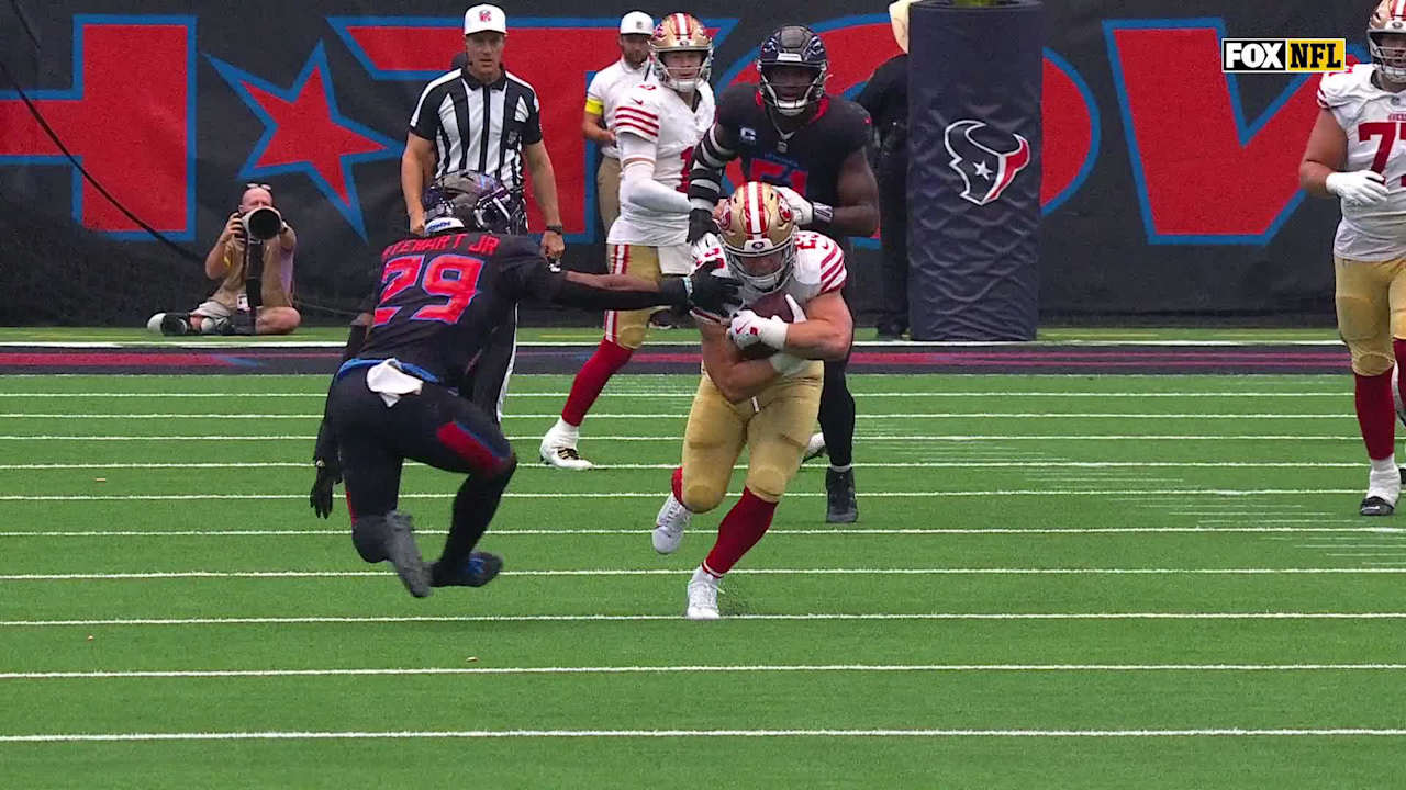San Francisco 49ers running back Christian McCaffrey hits the juke ...