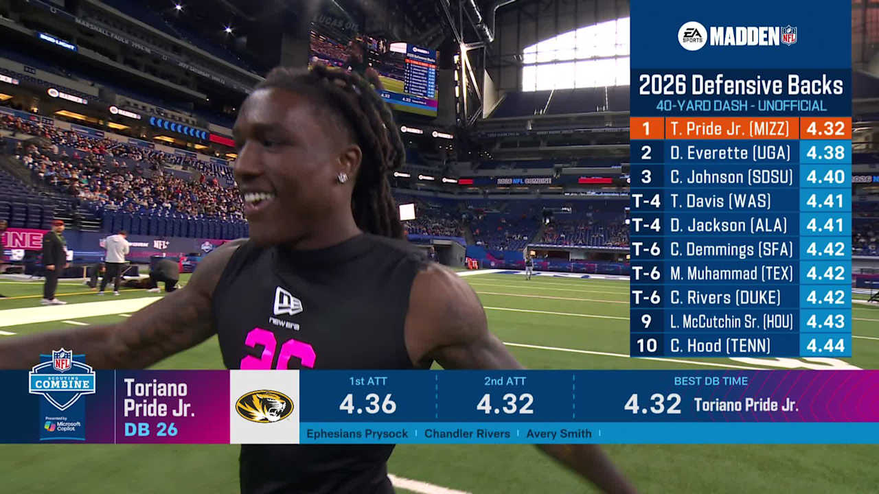 Cornerback Toriano Pride Jr. runs official 4.32-second 40-yard dash at ...