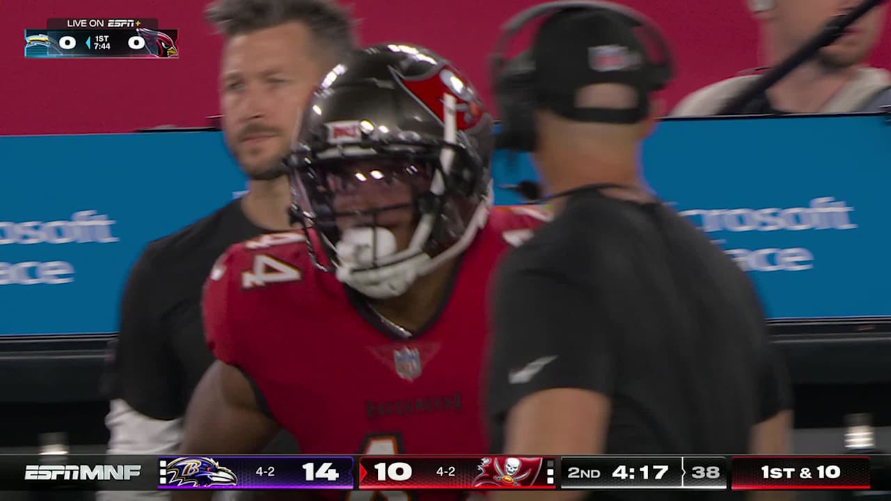 Tampa Bay Buccaneers running back Sean Tucker glides up the sideline ...