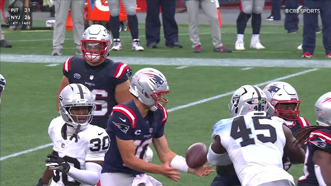 New England Patriots quarterback Drake Maye catches his own pass after ...