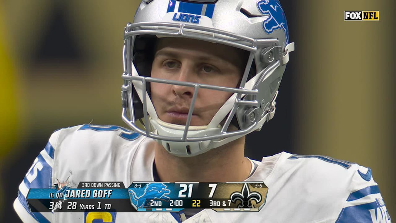 Detroit Lions quarterback Jared Goff hits wide receiver Amon-Ra St ...