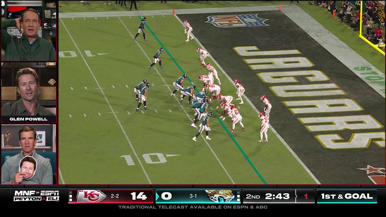 Peyton Manning and Eli Manning react to 10-yard touchdown run by Jacksonville Jaguars ...